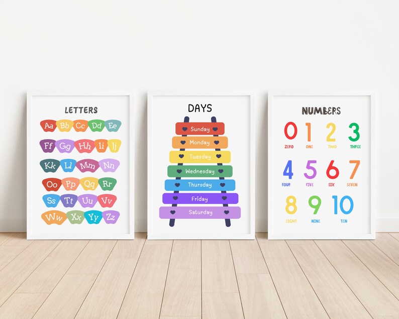 Set of 3 Educational Learning Wall Art, the Alphabet, Days of the Week ...