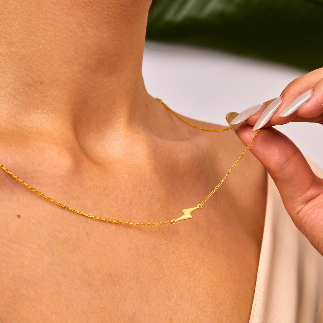 14K Solid Gold Lightning Bold Necklace, Thunderbolt Necklace, Lightning ...