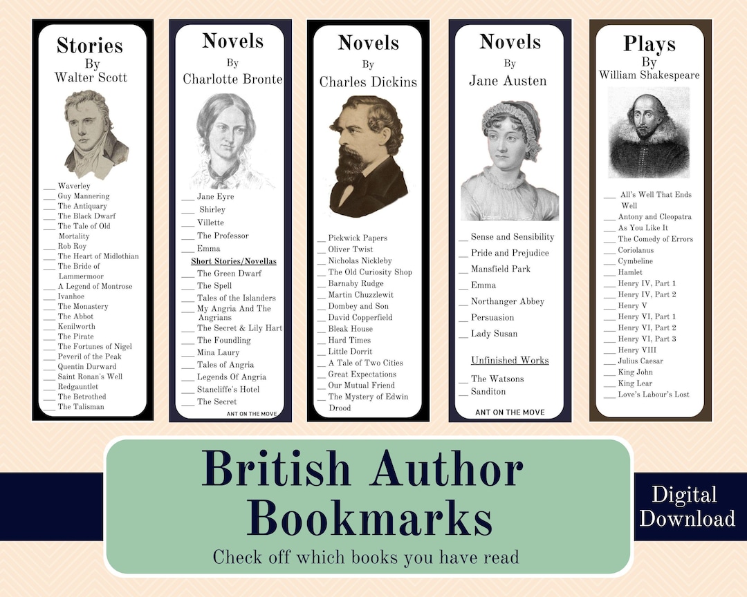 British Authors Bookmarks, Checklist Bookmark, Printable Bookmark, PDF ...
