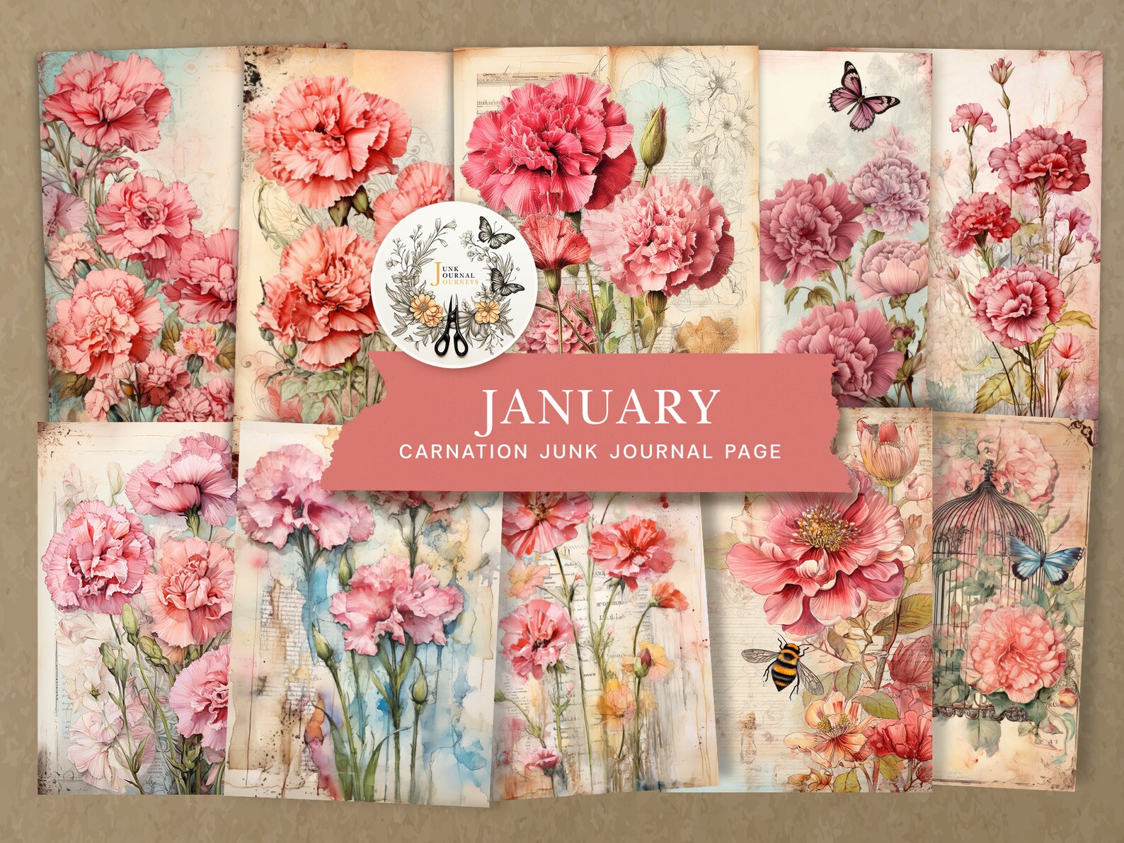 Birth Month Flowers January - Carnation Junk Journal Printable Pages ...
