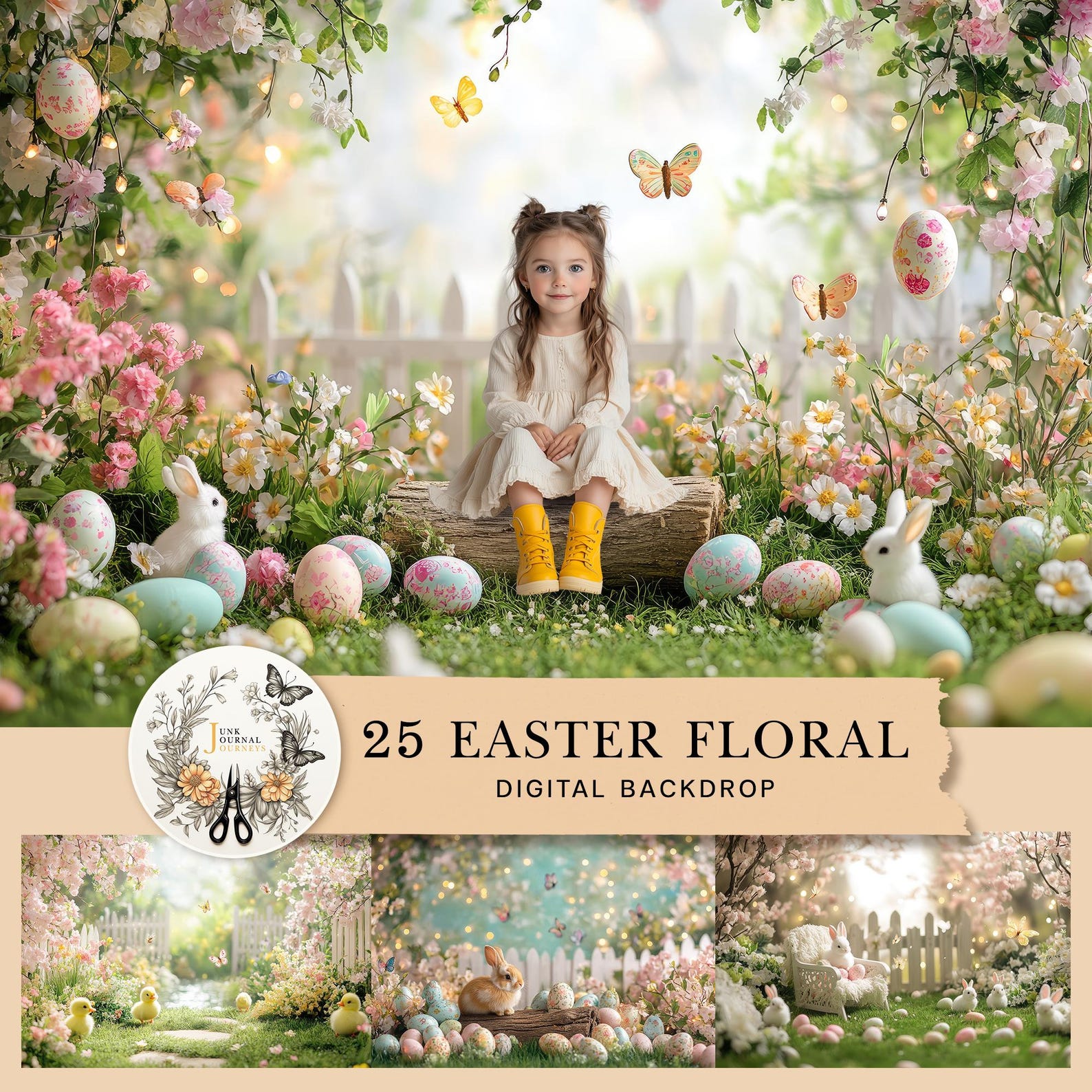 Easter Floral Digital Backdrop | Spring Bunny & Egg Background for ...
