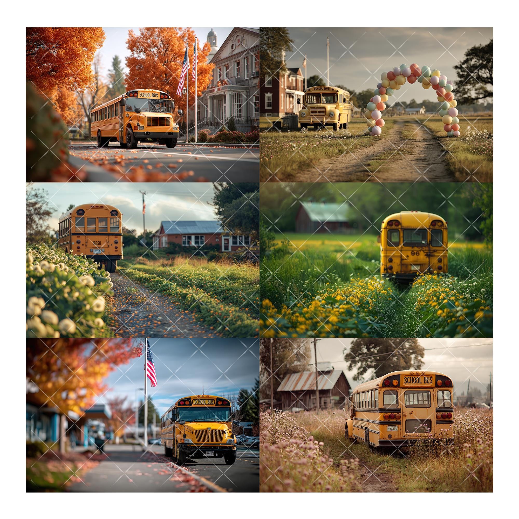 Rustic Schoolhouse Digital Backdrop: Vintage Yellow School Bus on ...