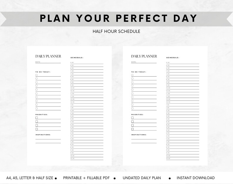 Daily Time Planner Printable Routine Tracker Half Hourly Schedule Agenda Time Block Planner for ...