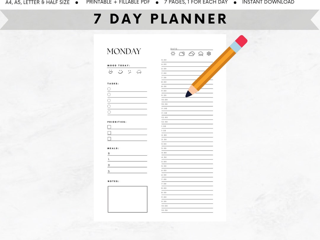 7 Day Planner Printable | Half Hourly Schedule Agenda | Time Block ...
