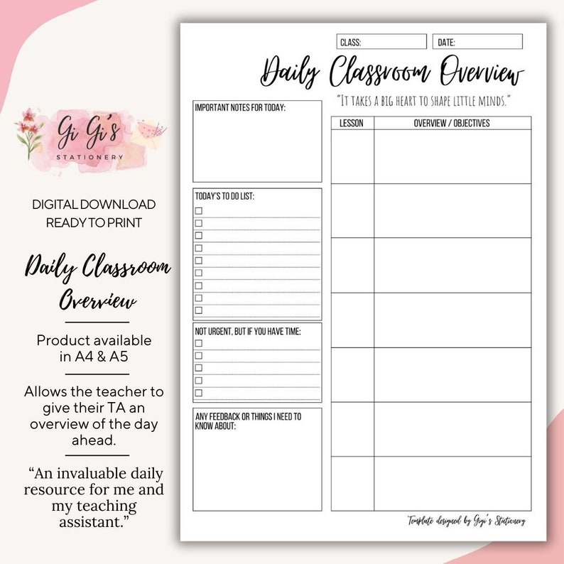Daily Classroom Organiser B&W Easy Print Teacher Classroom Organiser ...