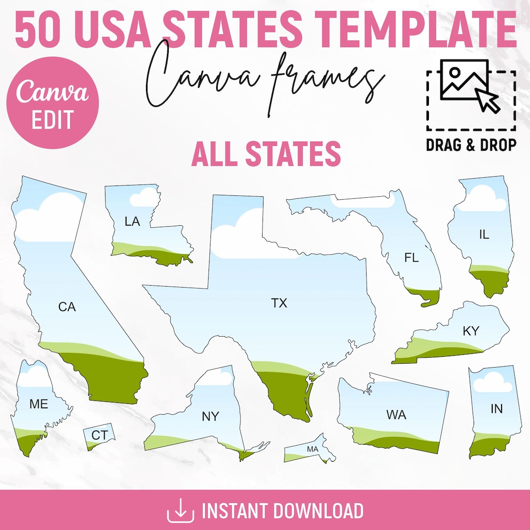 50 USA States Custom Canva Frames, USA States Canva Frames, Individual ...