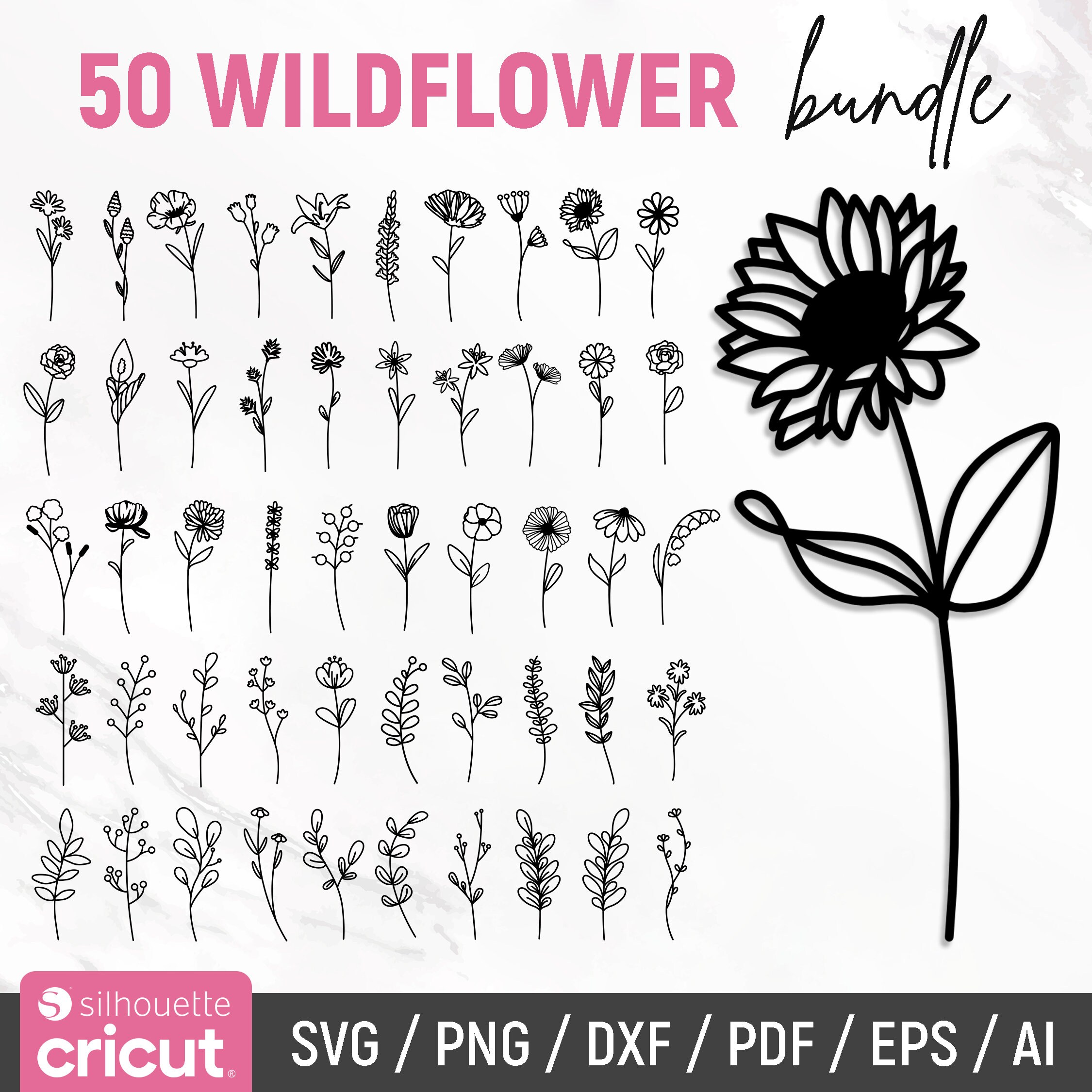 50 Wildflower Svg Bundle, Flower Svg, Floral Svg Bundle, Wildflower Svg ...