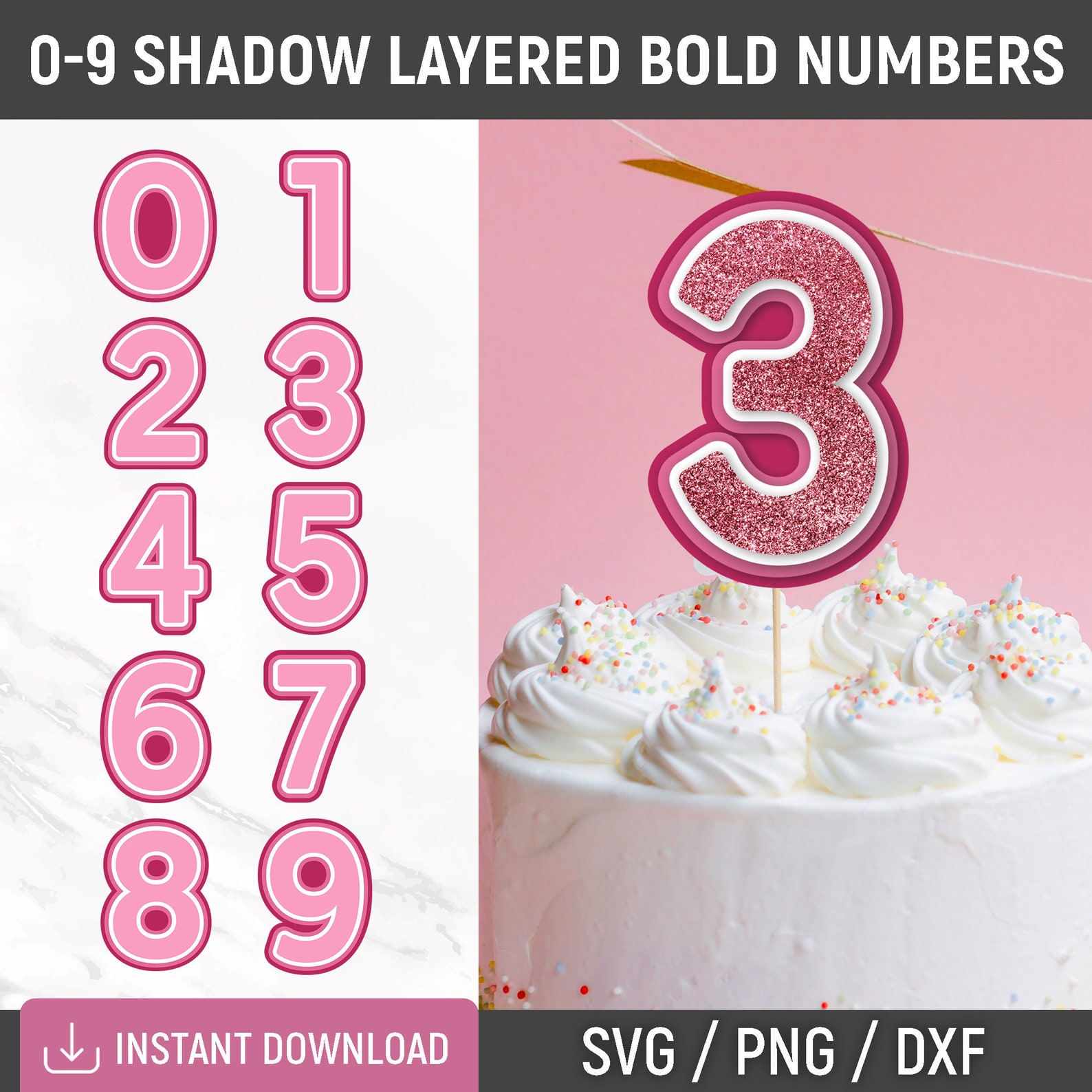 0-9 Shadow Layered Bold Numbers Svg, Birthday Cake or Cupcakes Topper ...