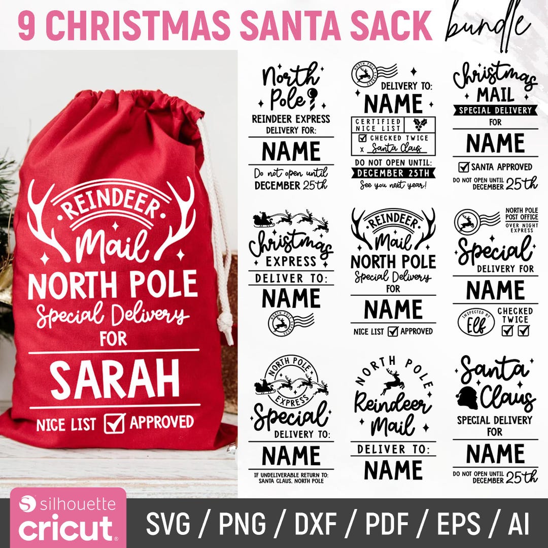 Santa Sack Svg Bundle, Christmas Sack Svg, Personalized Santa Bag Svg ...