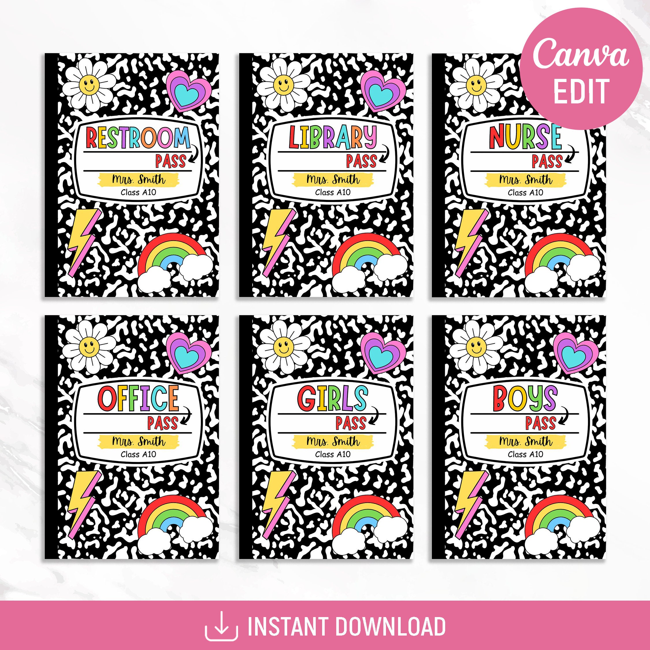 Classroom Hall Passes, Bathroom Pass, Nurse Pass, Composition Notebook ...