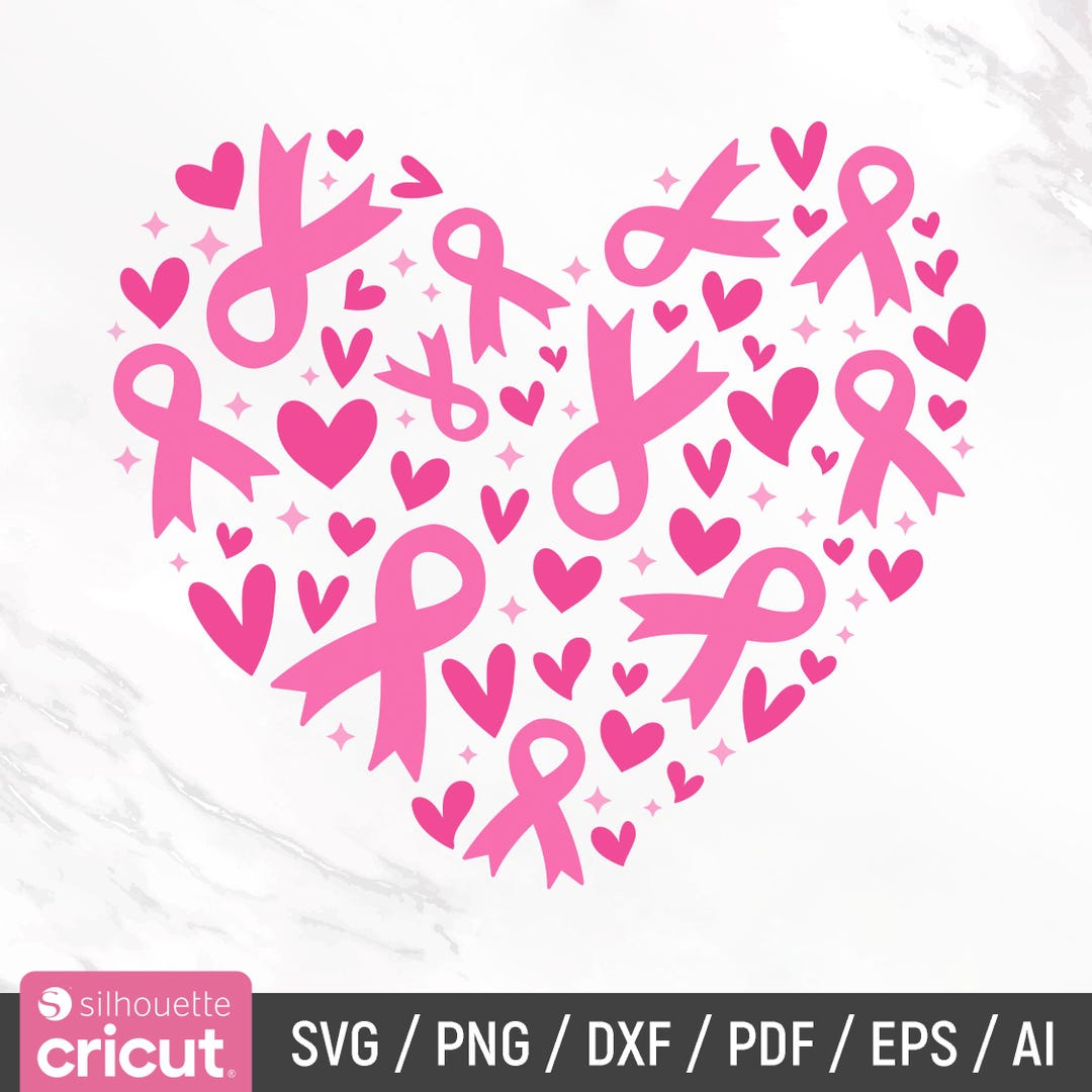 Heart Cancer Ribbons Svg, Pink Heart Svg, Awareness Svg, Breast Cancer ...