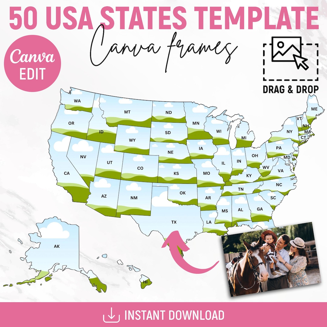50 USA States Custom Canva Frames, USA States Canva Frames, Individual ...