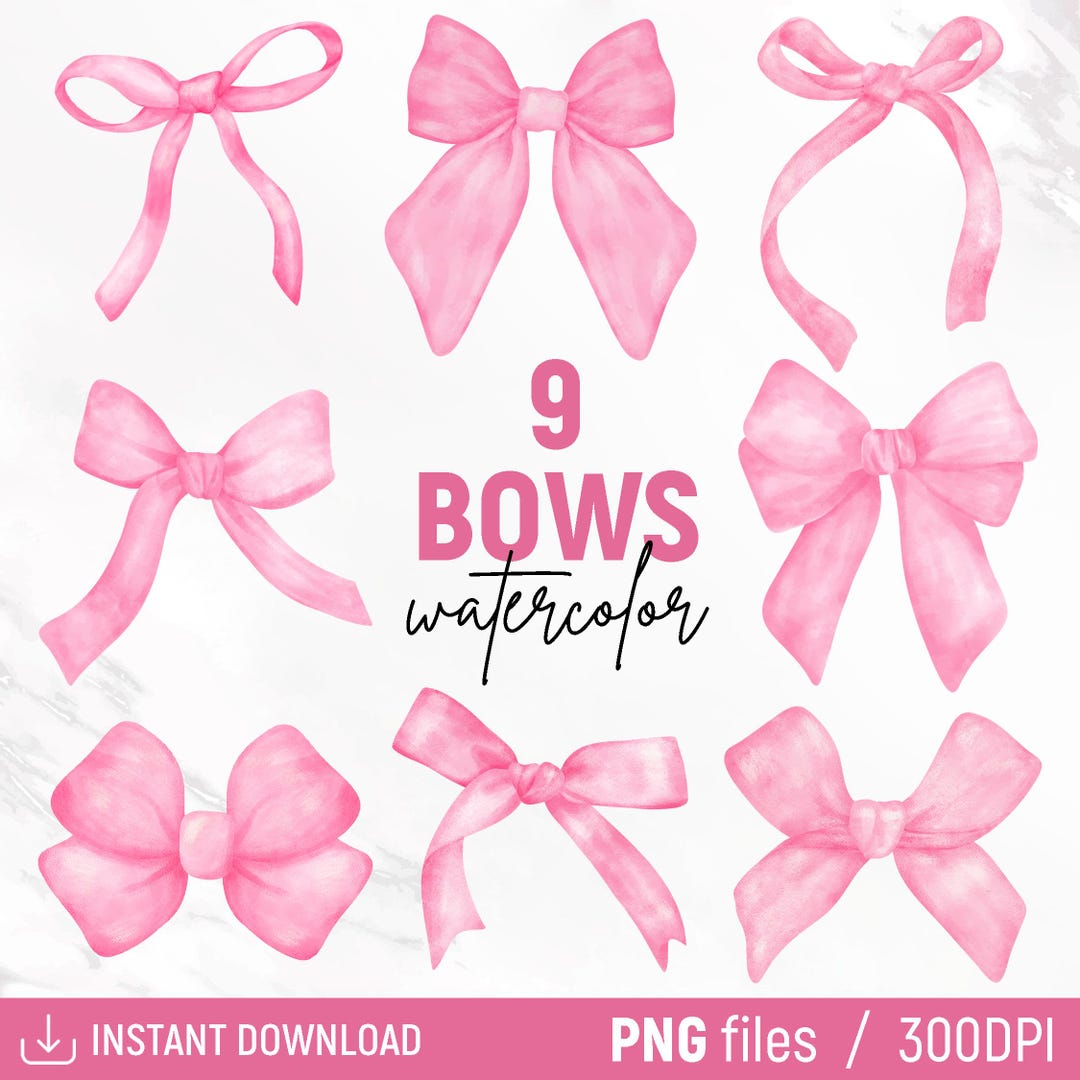 Ribbon Bow Png Bundle, Pastel Pink Watercolor Bows, Bow Png, Hair Bow ...