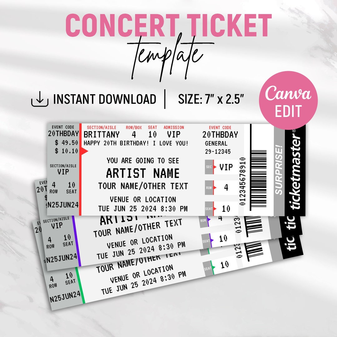 Editable Concert Ticket Template, DIY Concert Ticket, Custom Concert Ticket, Gift Concert Ticket ...
