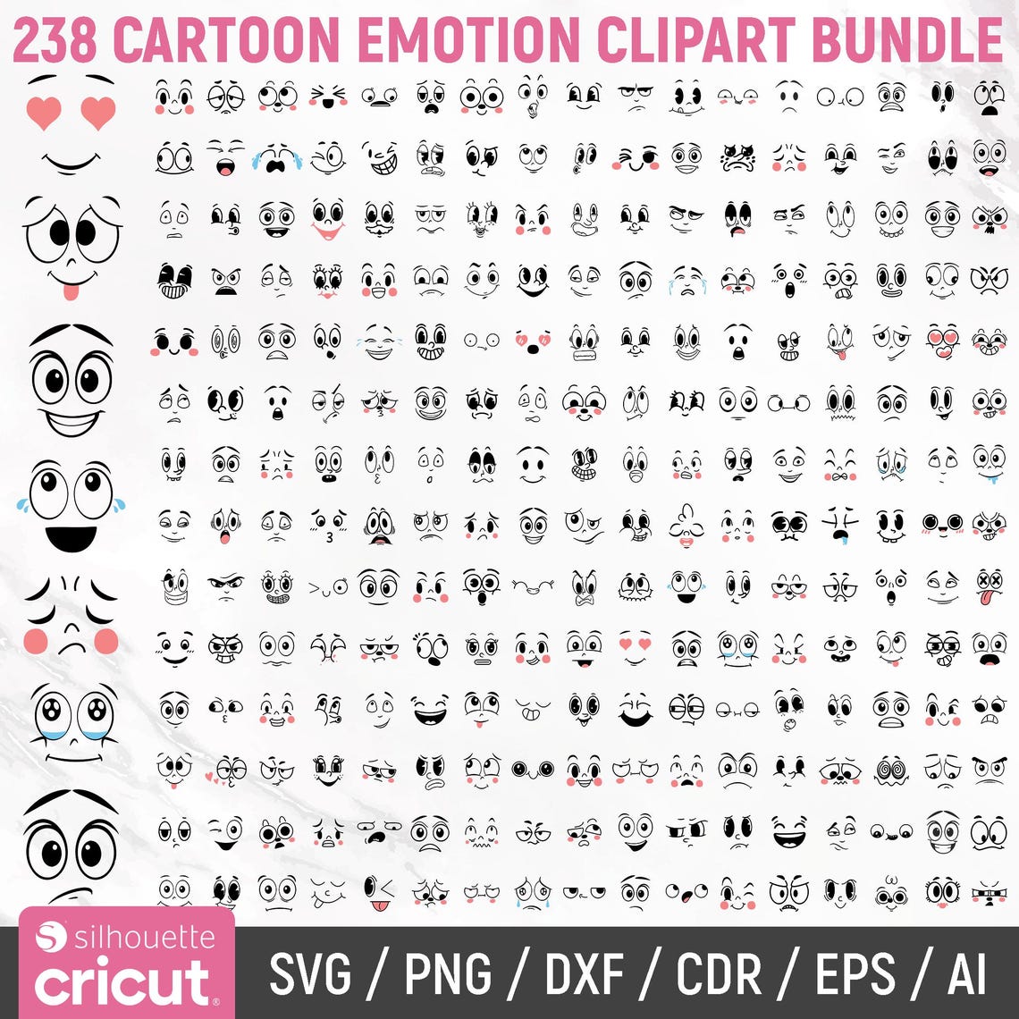 Cartoon Emotion Faces Svg Bundle, Kawaii Face Svg, Cute Funny Face Svg ...