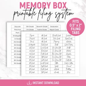 Printable Memory Box Filing System, Keepsake Box, Milestone Tote Labels ...