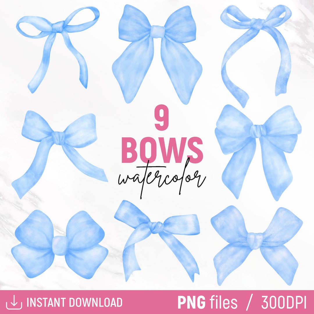 Ribbon Bow Png Bundle, Pastel Blue Watercolor Bows, Bow Png, Hair Bow ...