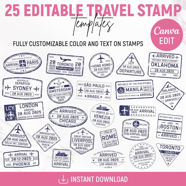 Editable Travel Stamp, Passport Travel Stamps Stickers, Vacation Travel ...