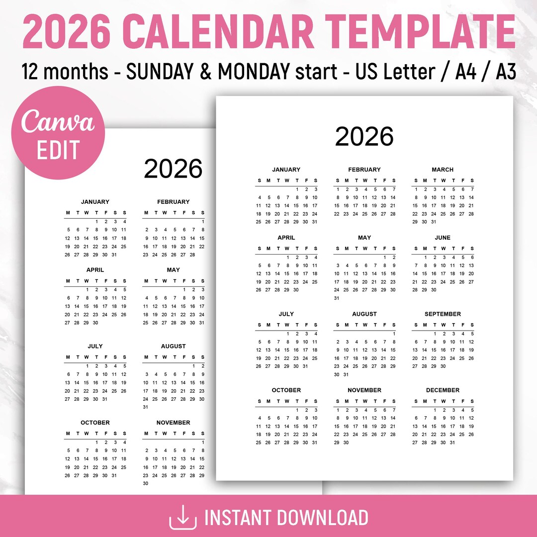 2026 Calendar Template, Monthly Calendar, Year at a Glance Calendar, US ...