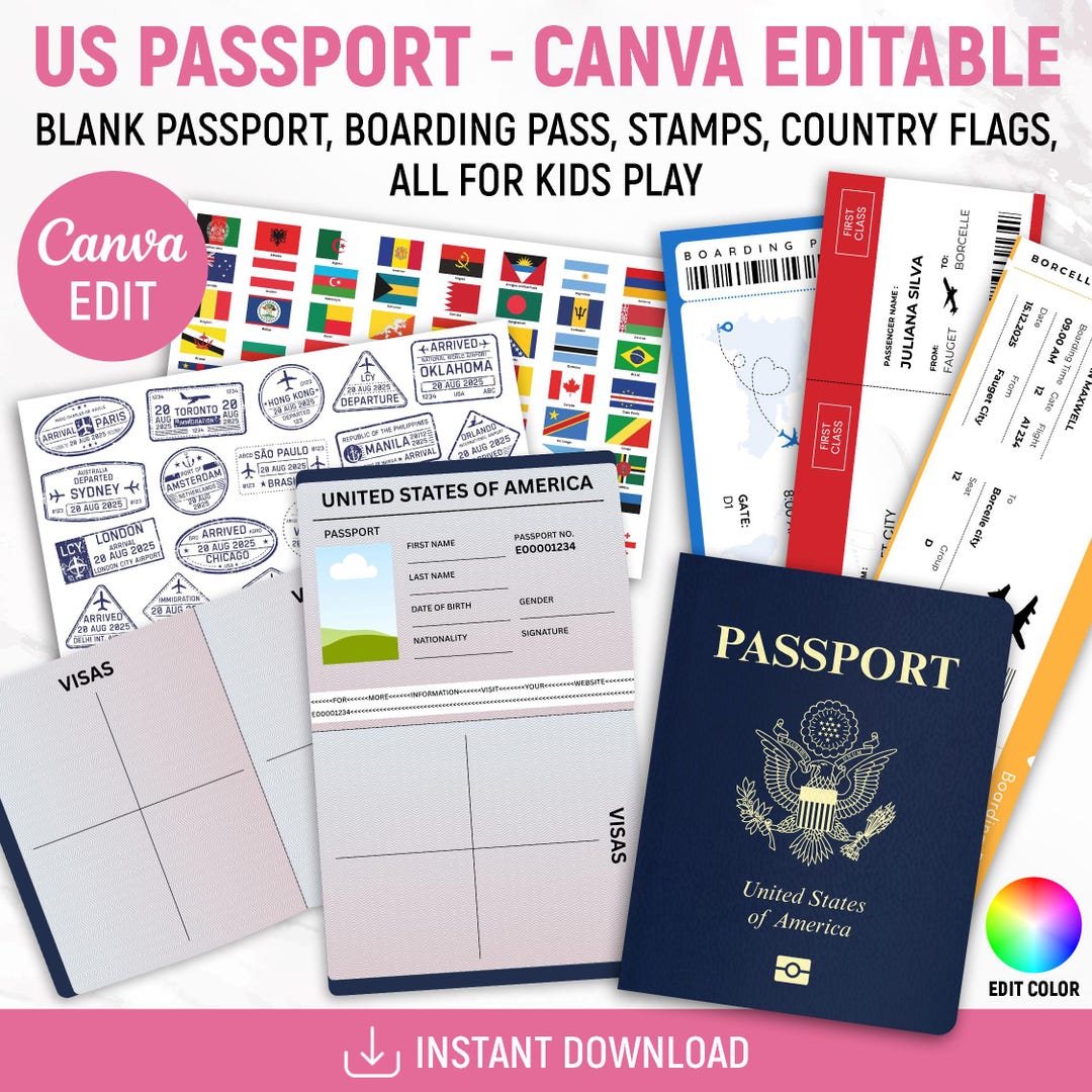 Editable Us Passports for Kids, Passport for Kid for Playing Travel and Learning, Boarding Pass ...