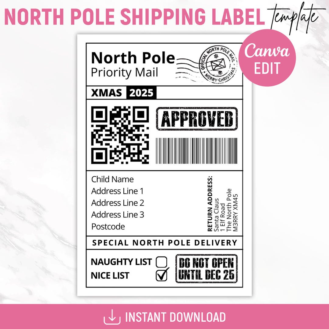 Personalized North Pole Shipping Label, North Pole Express Mail Tag ...