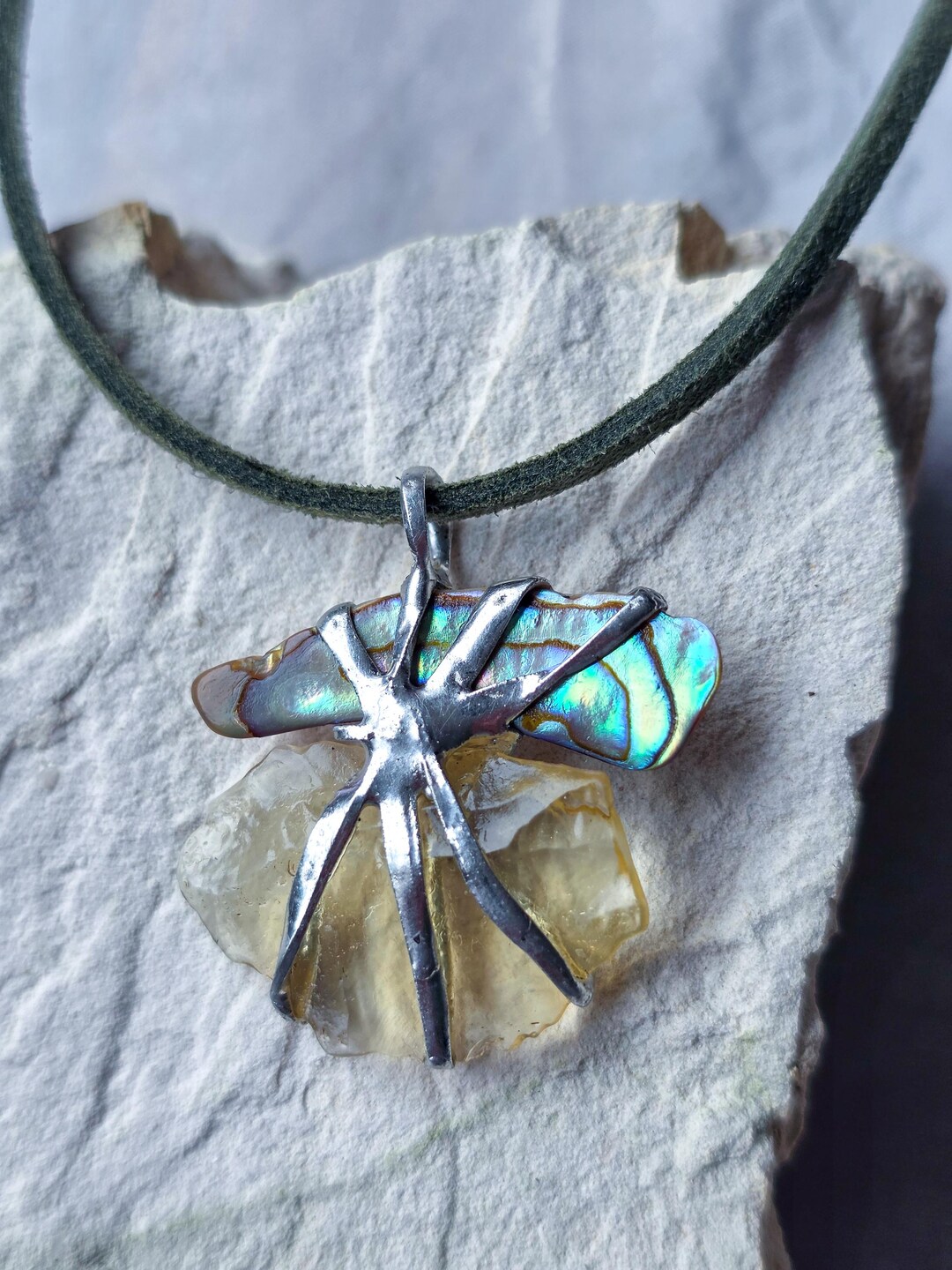 Libyan Desert Glass Abalone Shell Pendant – Natural Tektite Crystal ...
