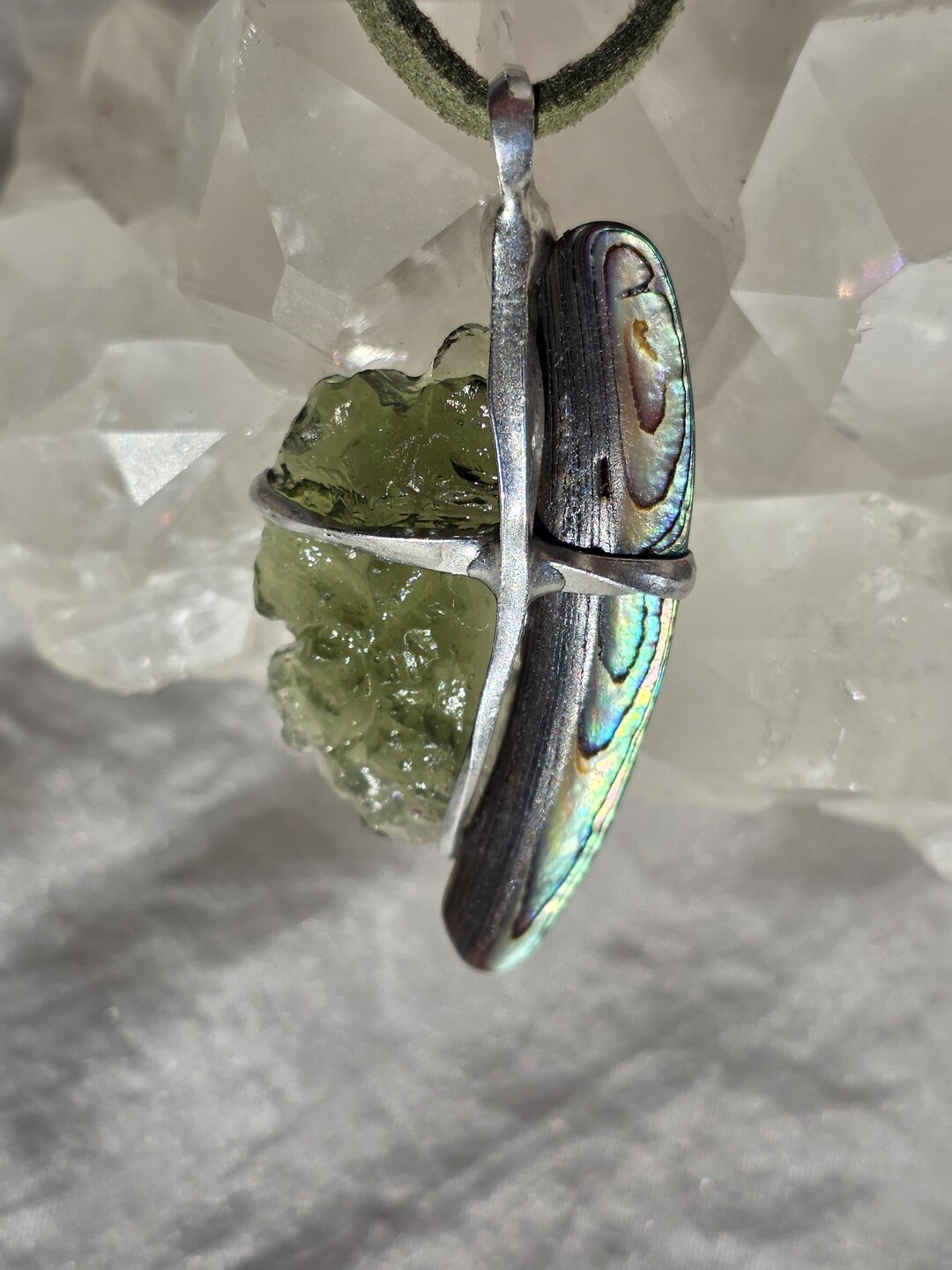 Certified Moldavite and Abalone Shell Pendant – Czech Tektite Crystal ...