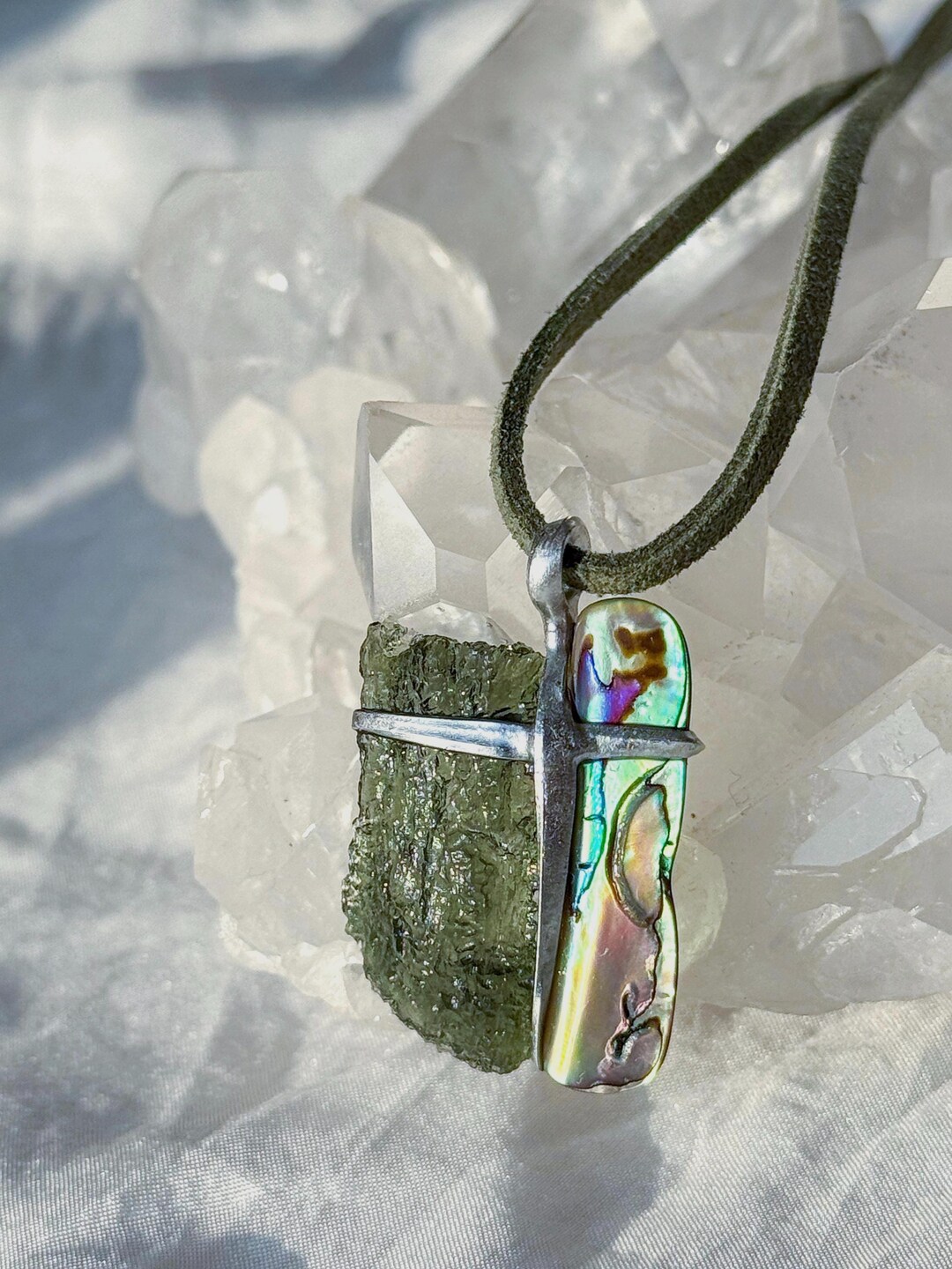 Certified Moldavite and Abalone Shell Pendant – Czech Tektite Crystal ...