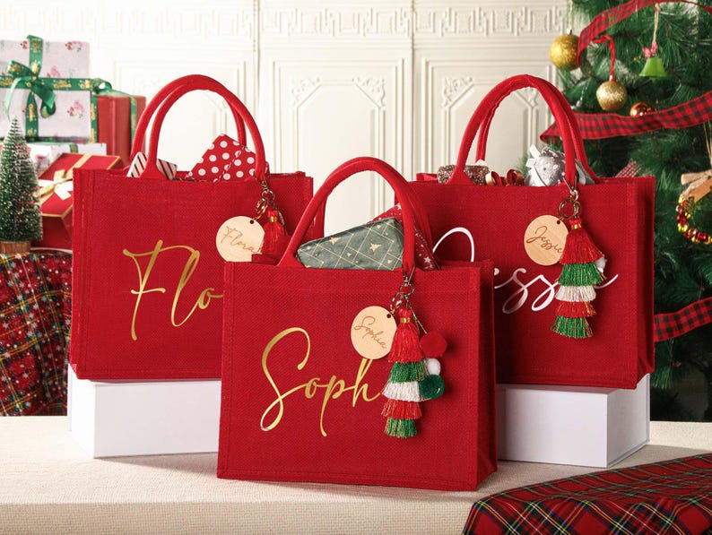 Personalized Christmas Gift Bag & Charm, Holiday Gift Bags With Name ...