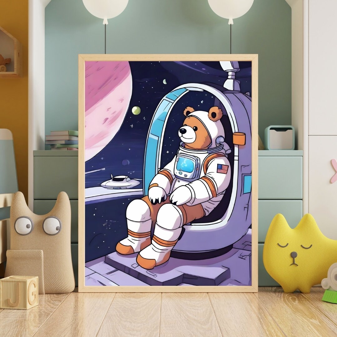 Cute Astronaut Bear in Space With Planet Animal Art Space Art Kids ...