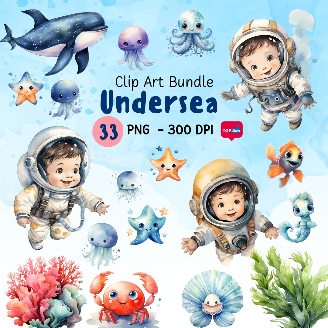 33 Undersea Watercolor Clipart, Bundle Cute Ocean Animals, Animals Png ...