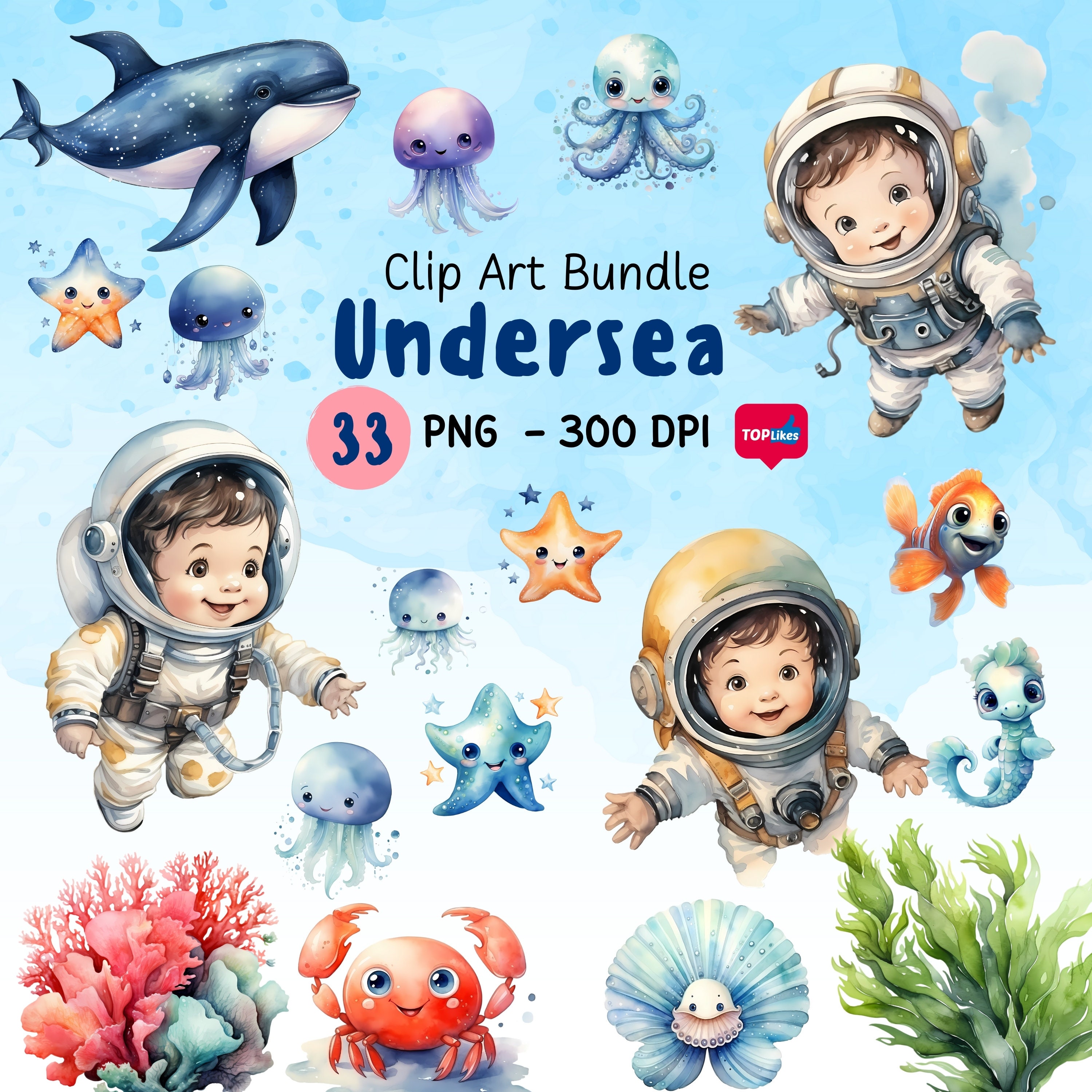 33 Undersea Watercolor Clipart, Bundle Cute Ocean Animals, Animals Png ...