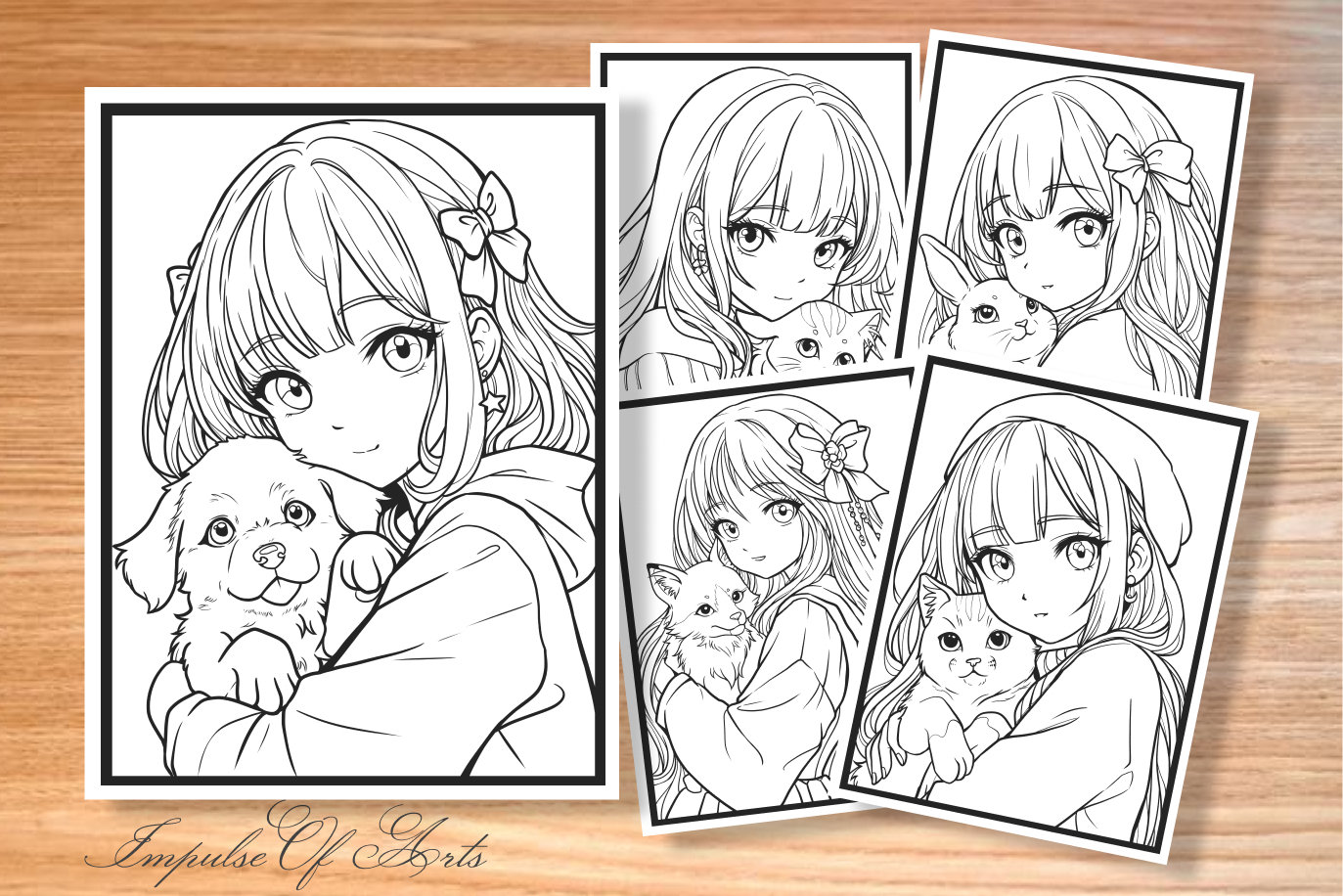 Anime Girls Coloring Page With Cute Animals for Adults & Children Hand ...