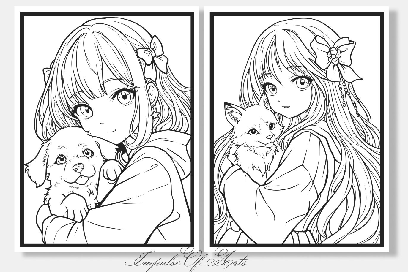 Anime Girls Coloring Page With Cute Animals for Adults & Children Hand ...