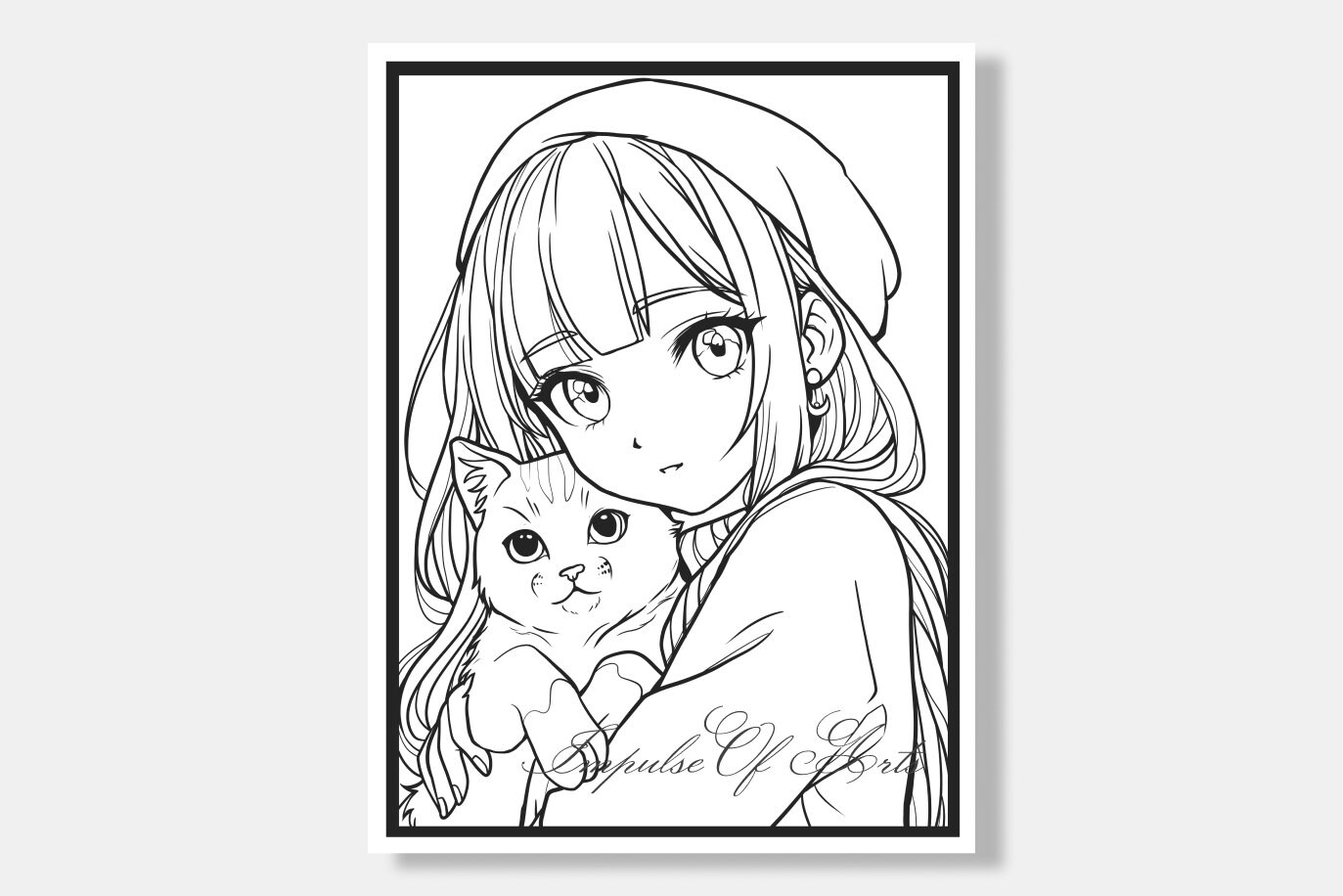 Anime Girls Coloring Page With Cute Animals for Adults & Children Hand ...