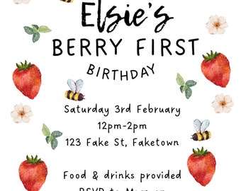 EDITABLE Berry Birthday Invitation, Fresh Pink Fruit Summer Spring ...