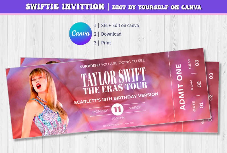 DIY Editable Eras Tour Ticket Invitation EDIT on Canva Taylor's Concert ...