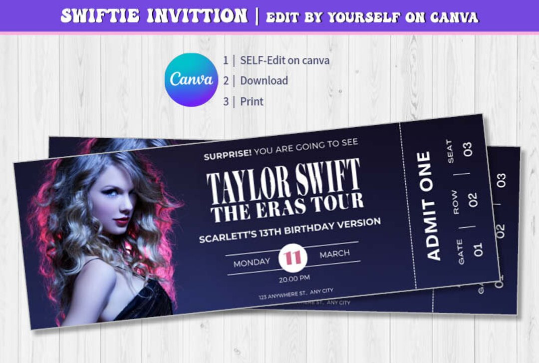DIY Editable Eras Tour Ticket Invitation EDIT on Canva Taylor's Concert ...