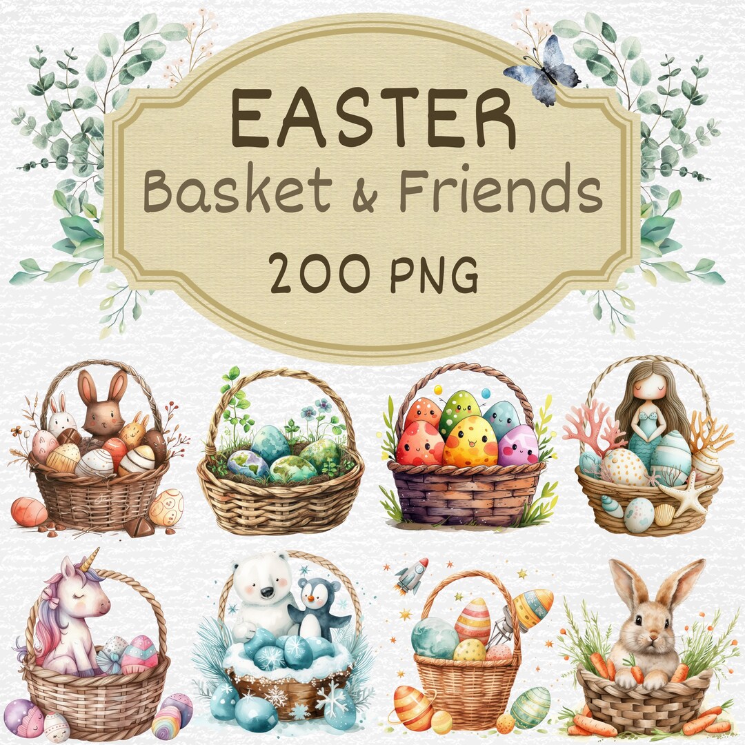 Easter Baskets Watercolor Clipart Bundle, Eggs Basket, Spring Clipart ...