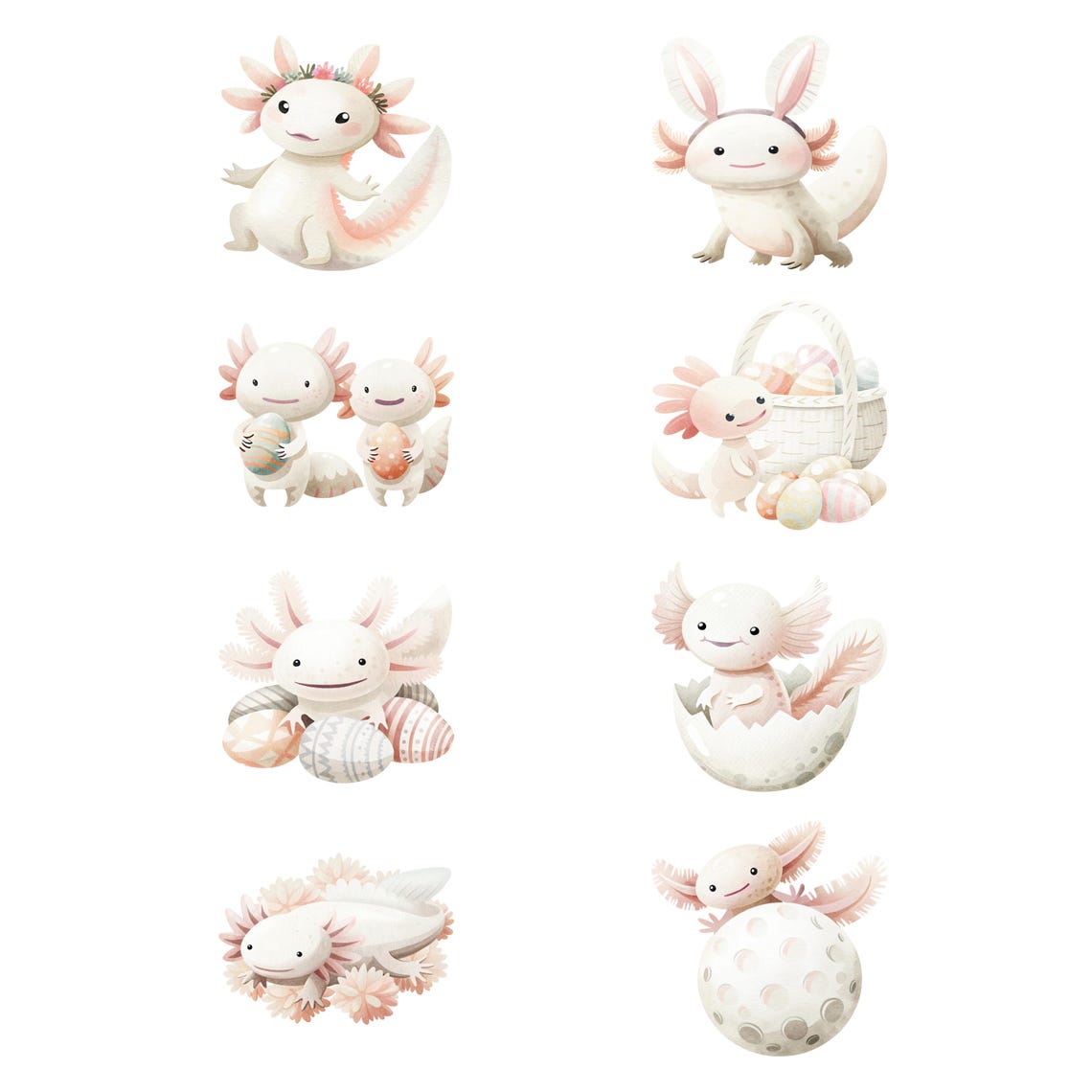Easter Axolotl Clipart PNG Bundle, Cute Watercolor Axolotl With Easter ...