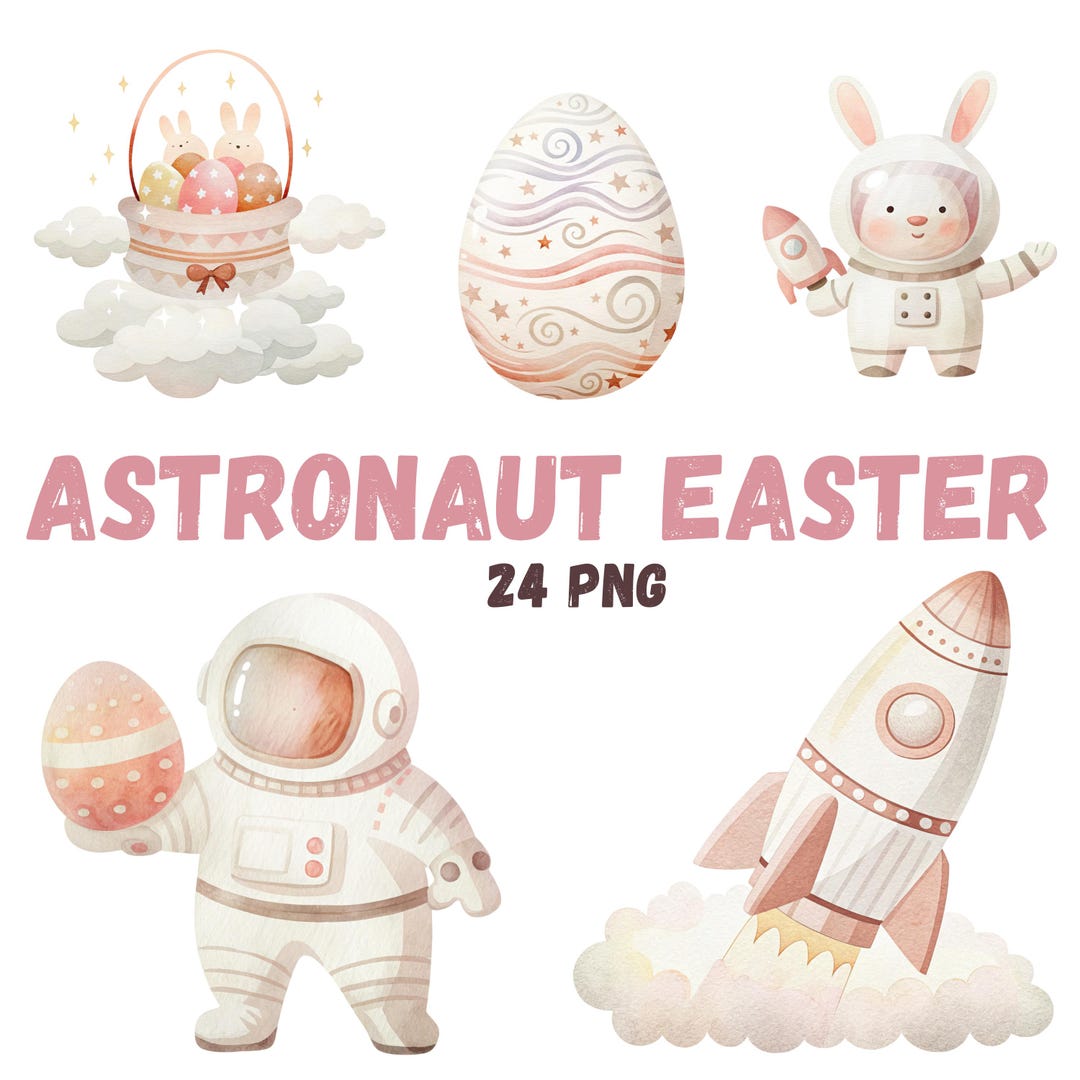 Easter Astronaut Clipart, Cute Space Bunny PNG, Rocket Ship Easter Eggs ...