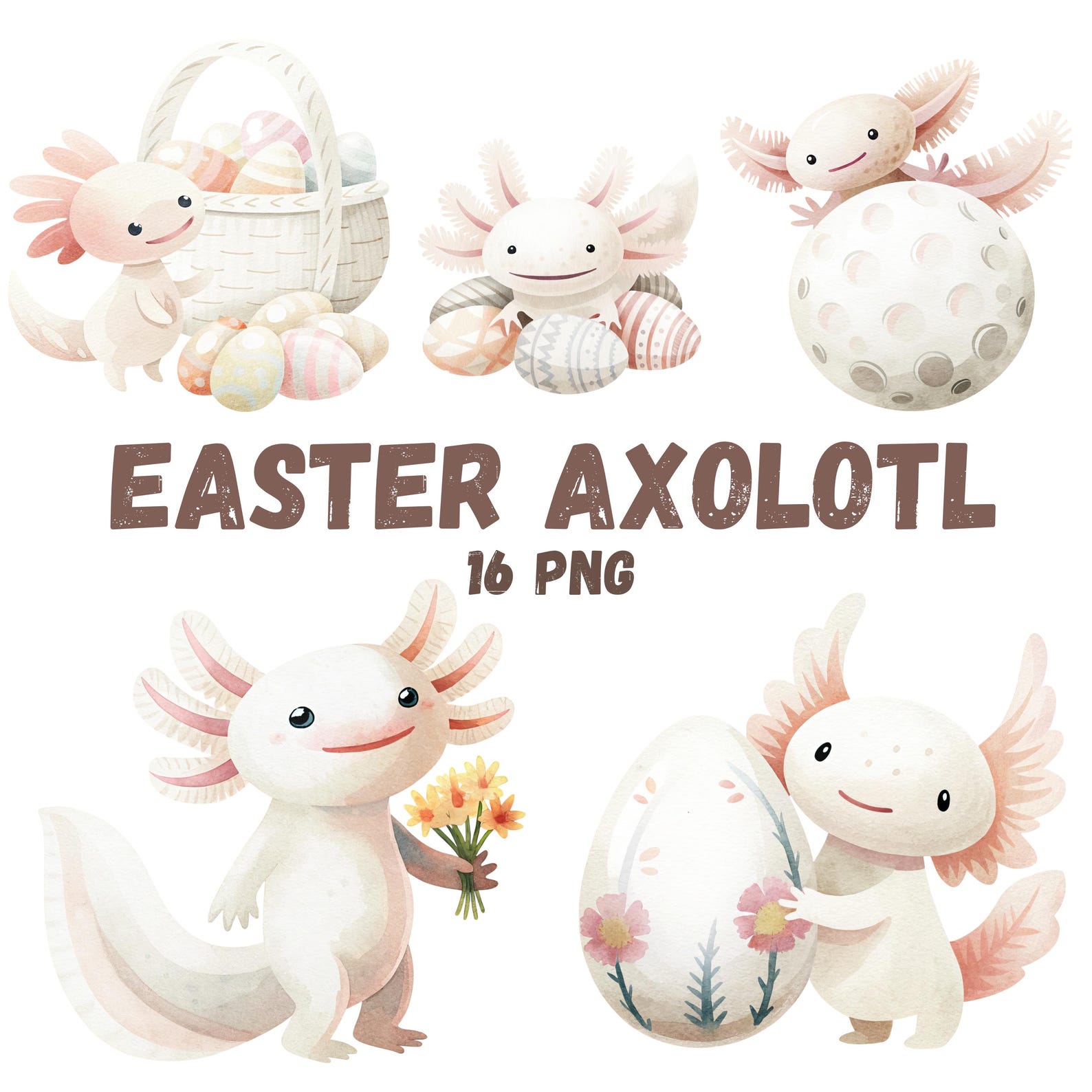 Easter Axolotl Clipart PNG Bundle, Cute Watercolor Axolotl With Easter ...