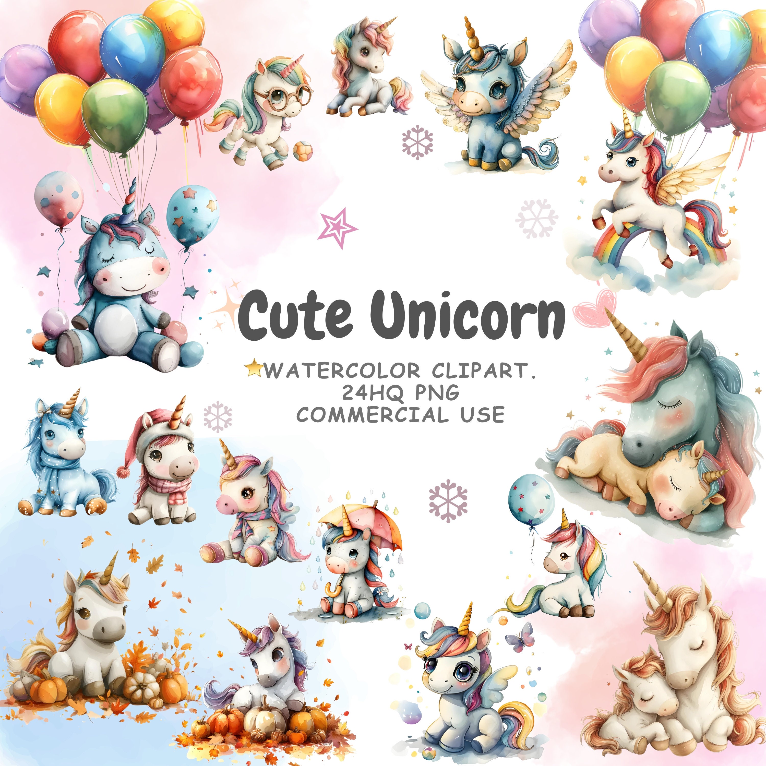 Cute Unicorns Clipart, Unicorns Party Watercolor Clipart, Birthday ...