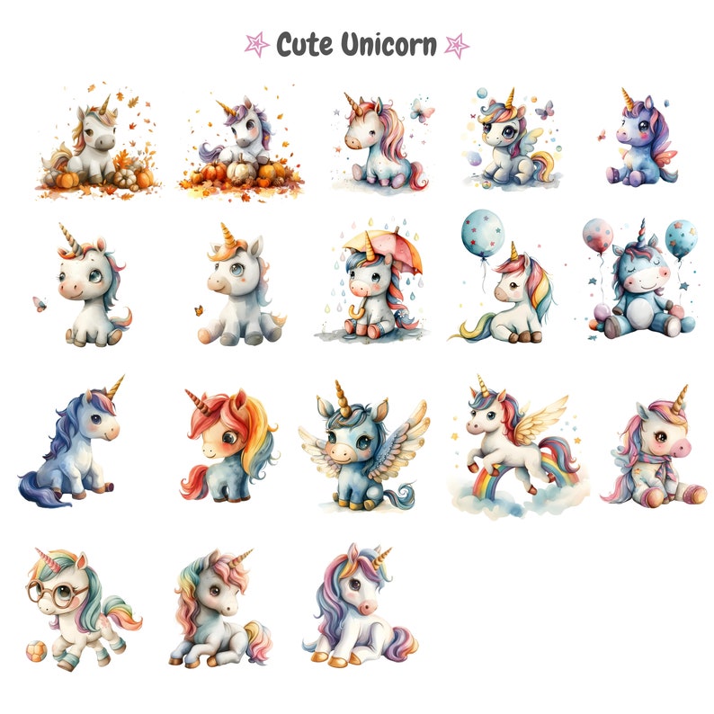 Cute Unicorns Clipart, Unicorns Party Watercolor Clipart, Birthday ...