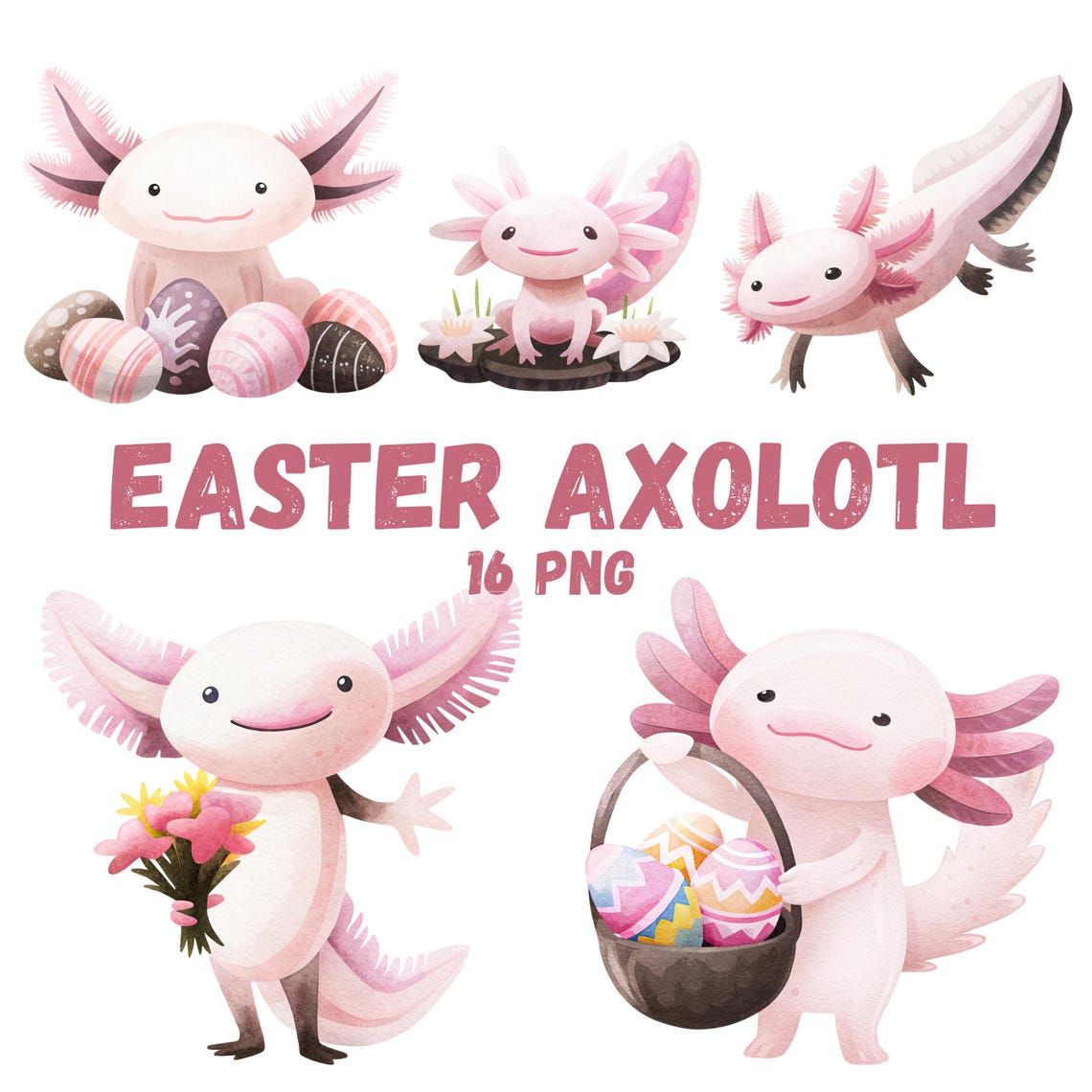 Cute Easter Pink Axolotl Clipart, Watercolor Axolotl PNG, Amphibian ...