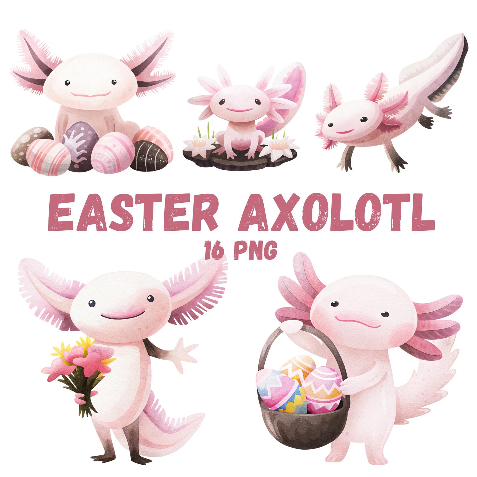 Cute Easter Pink Axolotl Clipart, Watercolor Axolotl PNG, Amphibian ...
