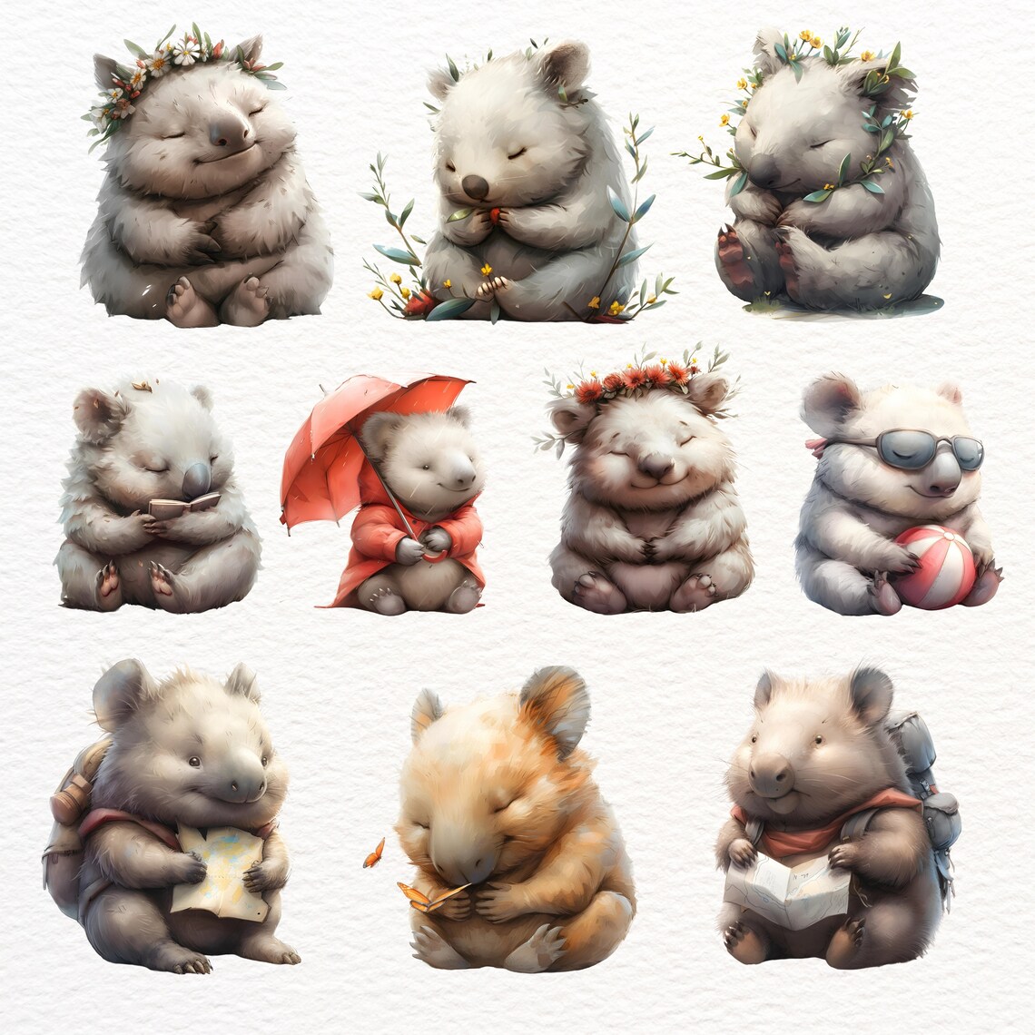 Cute Wombat Clipart, Wombat, Animal, Watercolor, Digital Art Bundle ...