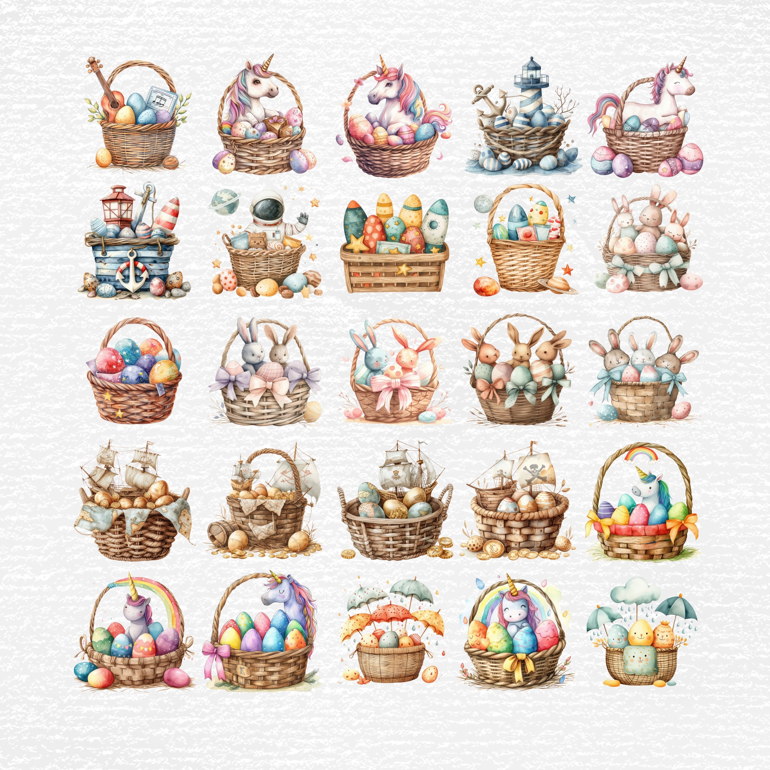 Easter Baskets Watercolor Clipart Bundle, Eggs Basket, Spring Clipart ...