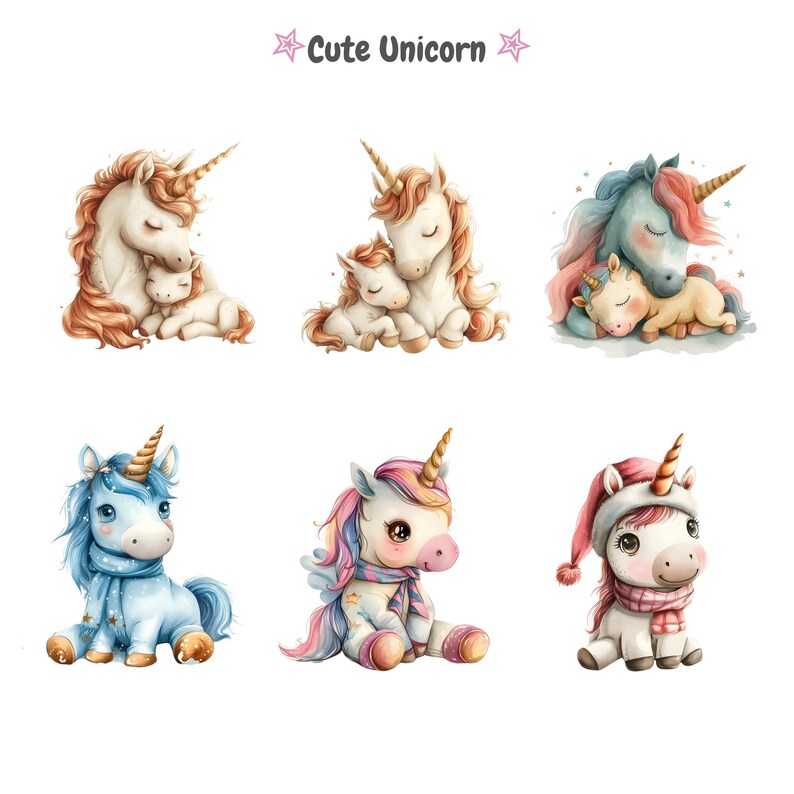 Cute Unicorns Clipart, Unicorns Party Watercolor Clipart, Birthday ...