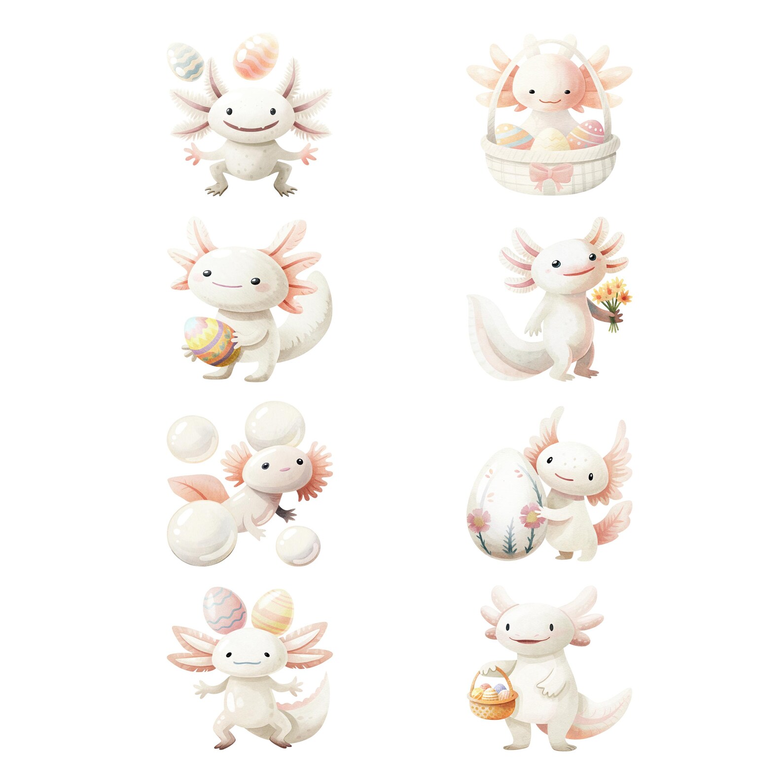 Easter Axolotl Clipart PNG Bundle, Cute Watercolor Axolotl With Easter ...